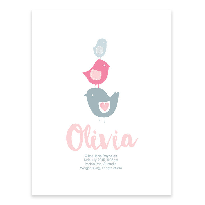 Bird Stack Birth Print Printspace Personalised Illustration