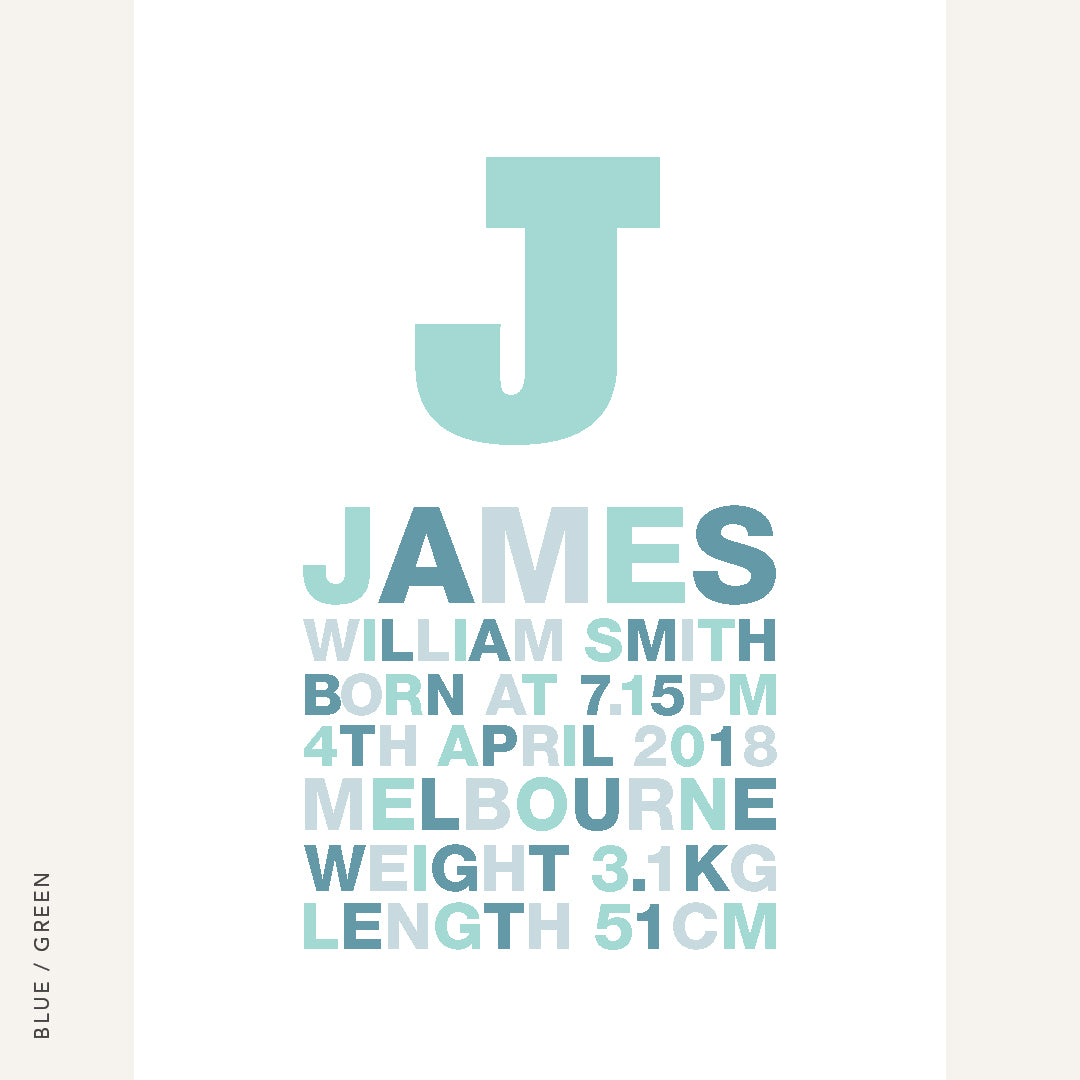 Letter Birth Print Typographic Personalised birth details print baby