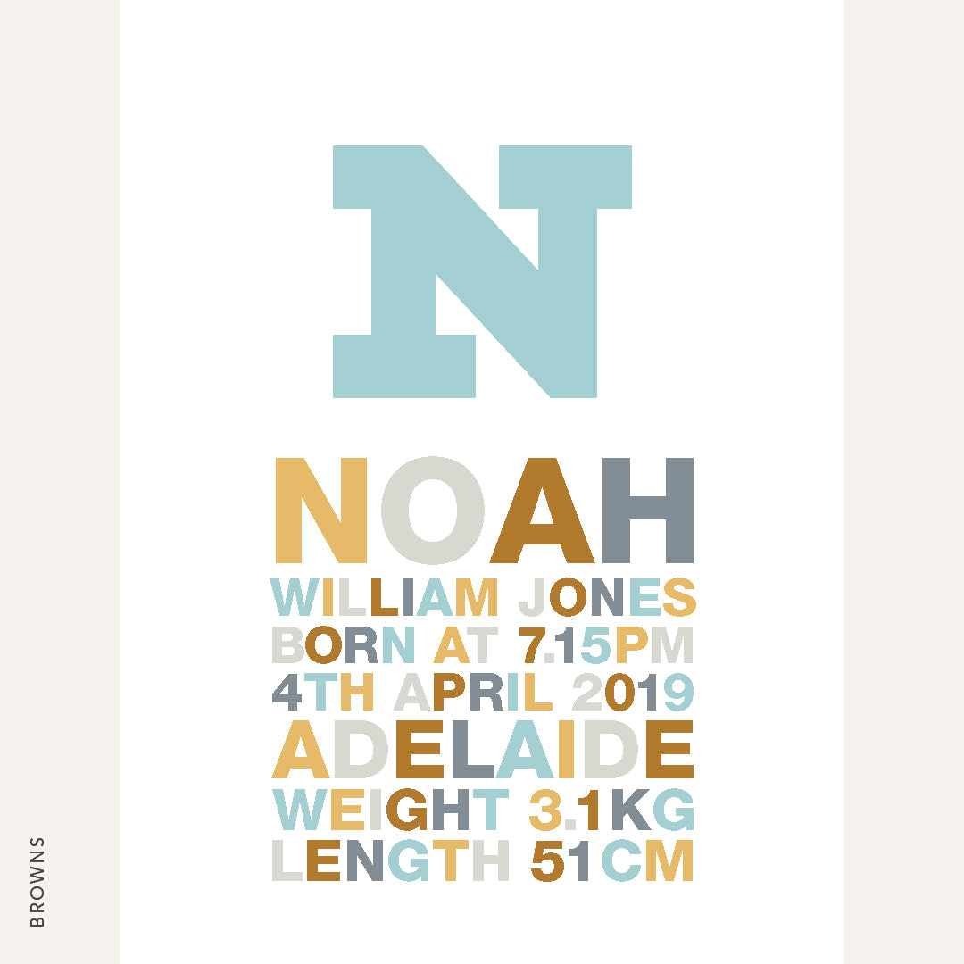 Letter Birth Print Typographic Personalised birth details print baby