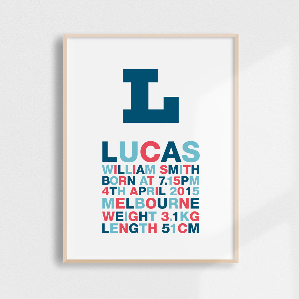 Letter Birth Print Typographic Personalised birth details print baby